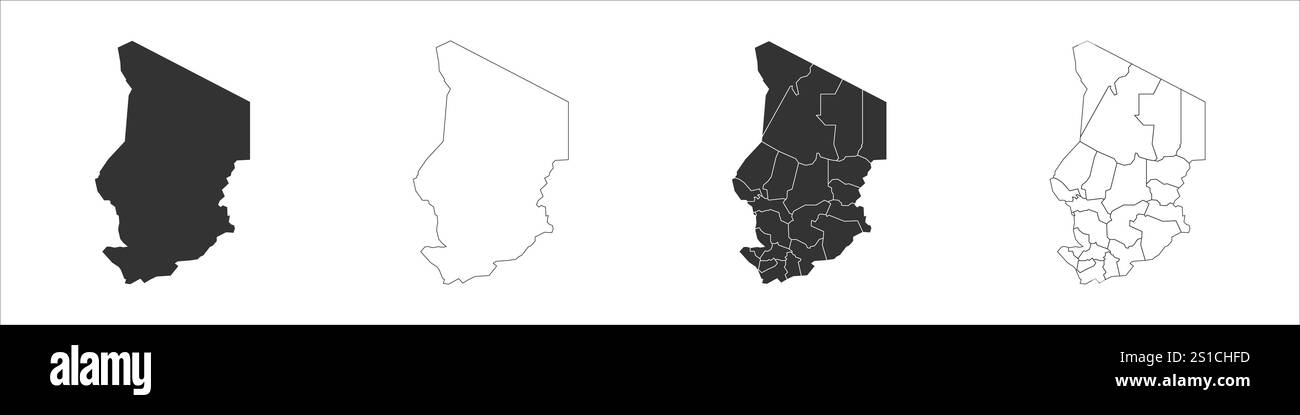 Chad set of three maps - solid map, outline map and map highlighting administrative divisions ...