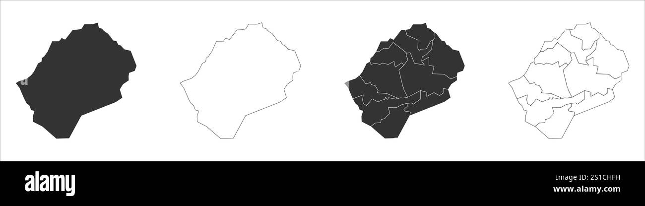 Lesotho set of three maps - solid map, outline map and map highlighting administrative divisions ...