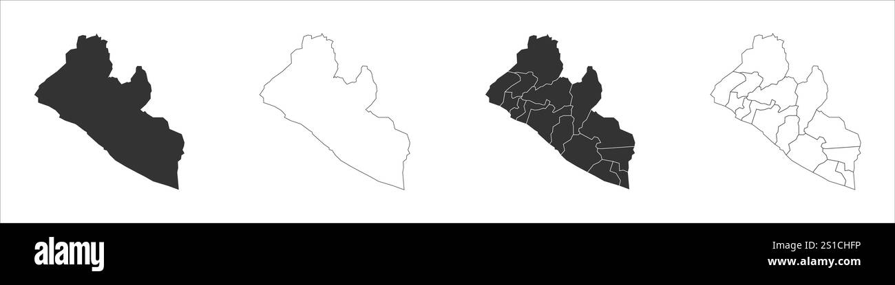 Liberia set of three maps - solid map, outline map and map highlighting administrative divisions ...