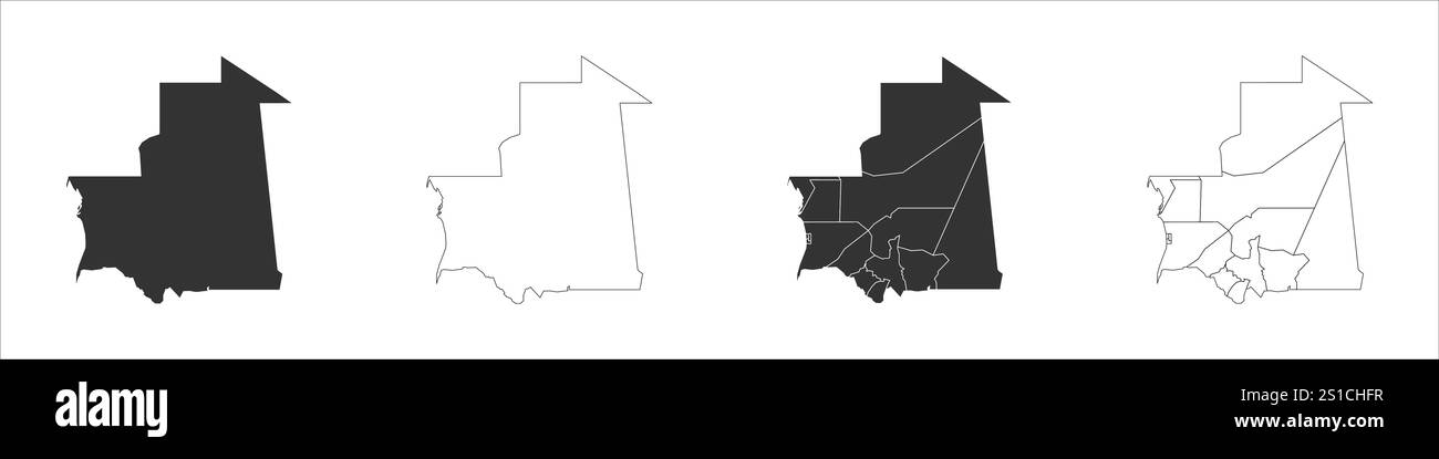 Mauritania set of three maps - solid map, outline map and map highlighting administrative ...