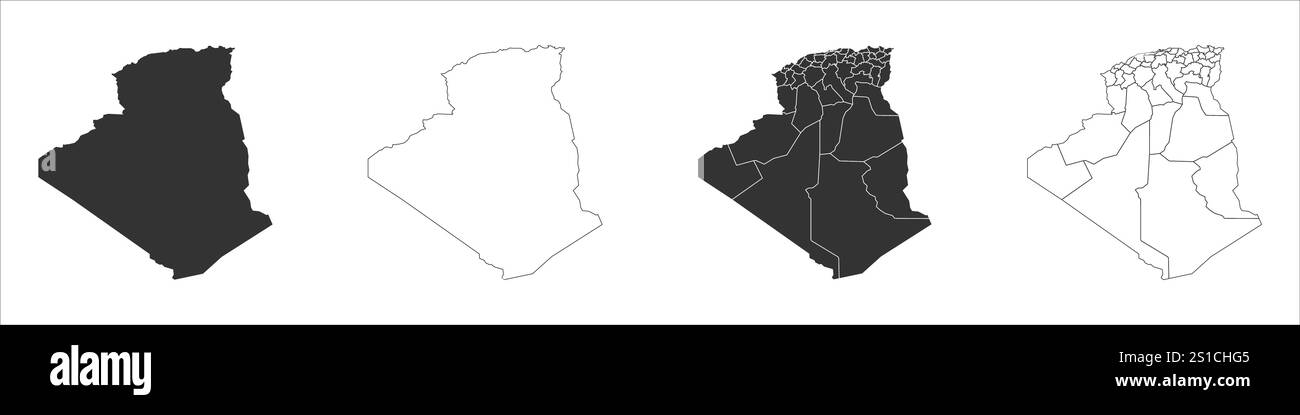 Algeria set of three maps - solid map, outline map and map highlighting administrative divisions ...