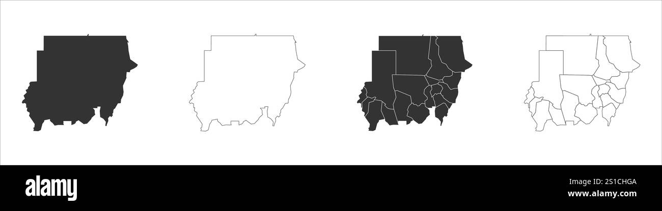 Sudan set of three maps - solid map, outline map and map highlighting administrative divisions ...