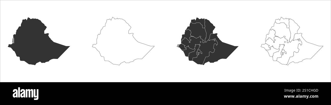 Ethiopia set of three maps - solid map, outline map and map highlighting administrative ...
