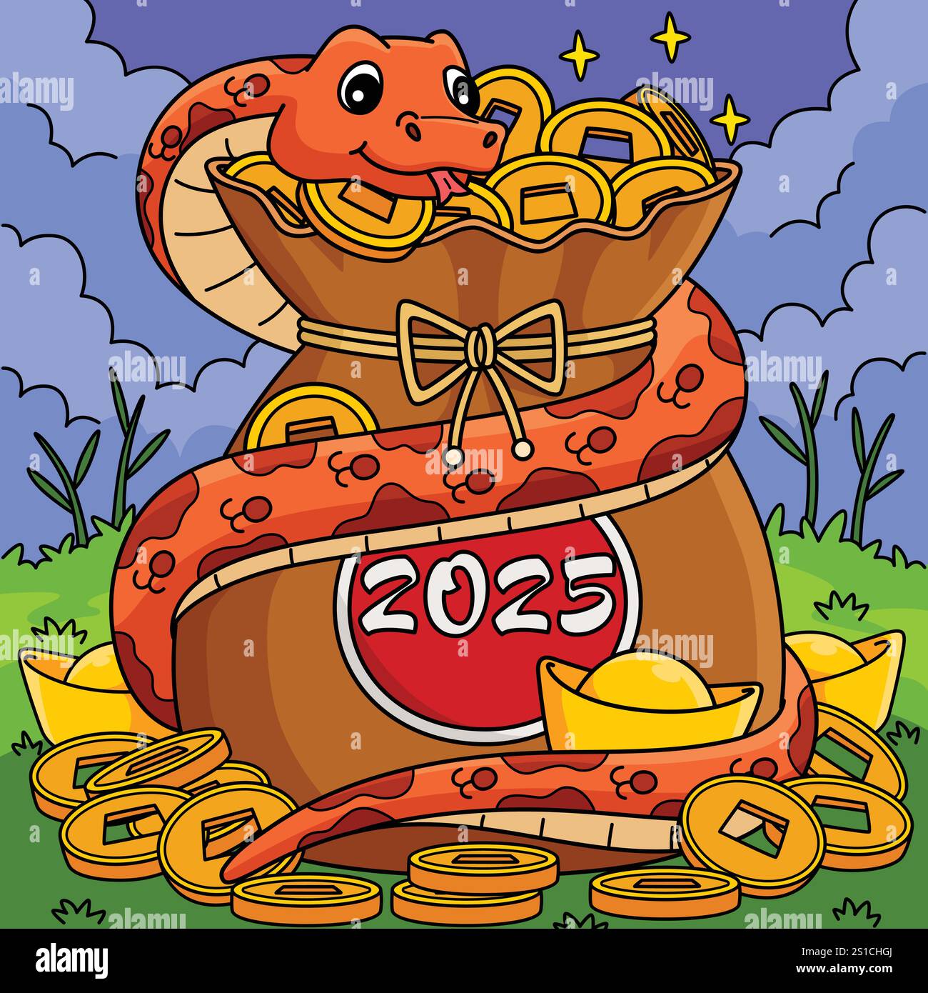 Year of the Snake Coiling with Gold Coins Colored Stock Vector Image ...