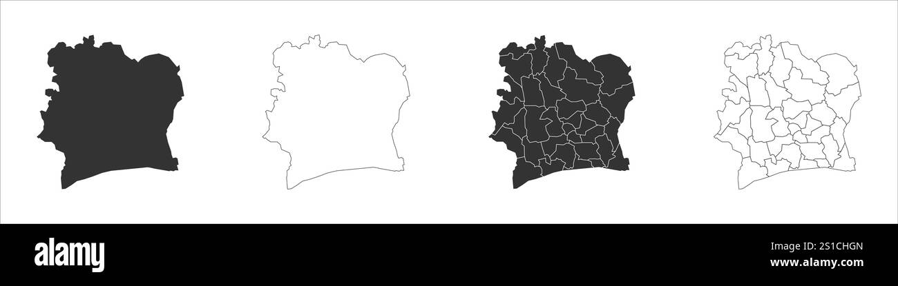Ivory Coast set of three maps - solid map, outline map and map highlighting administrative ...