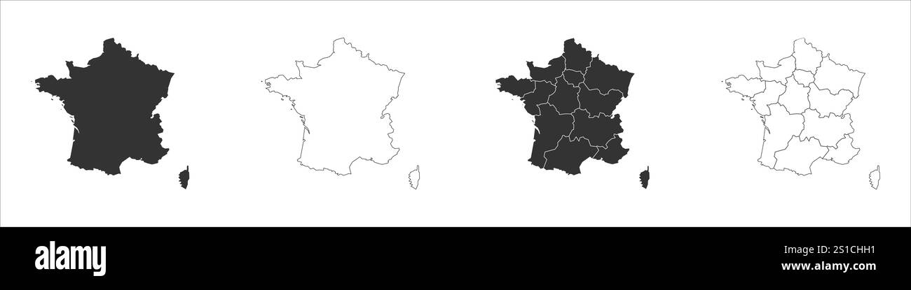 France set of three maps - solid map, outline map and map highlighting ...