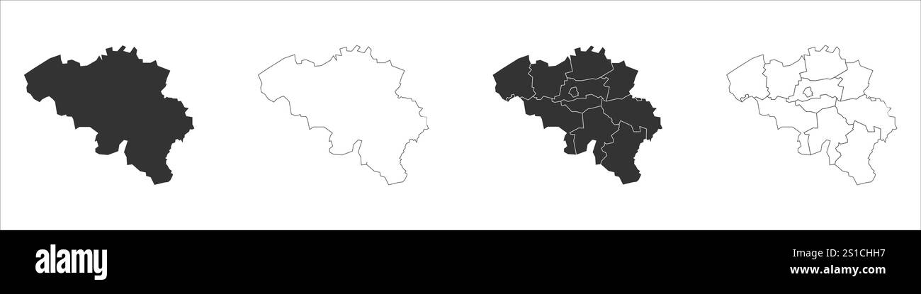Belgium set of three maps - solid map, outline map and map highlighting administrative divisions ...