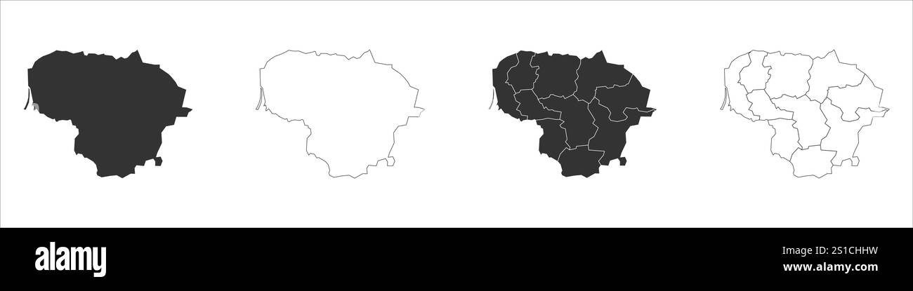 Lithuania set of three maps - solid map, outline map and map highlighting administrative ...