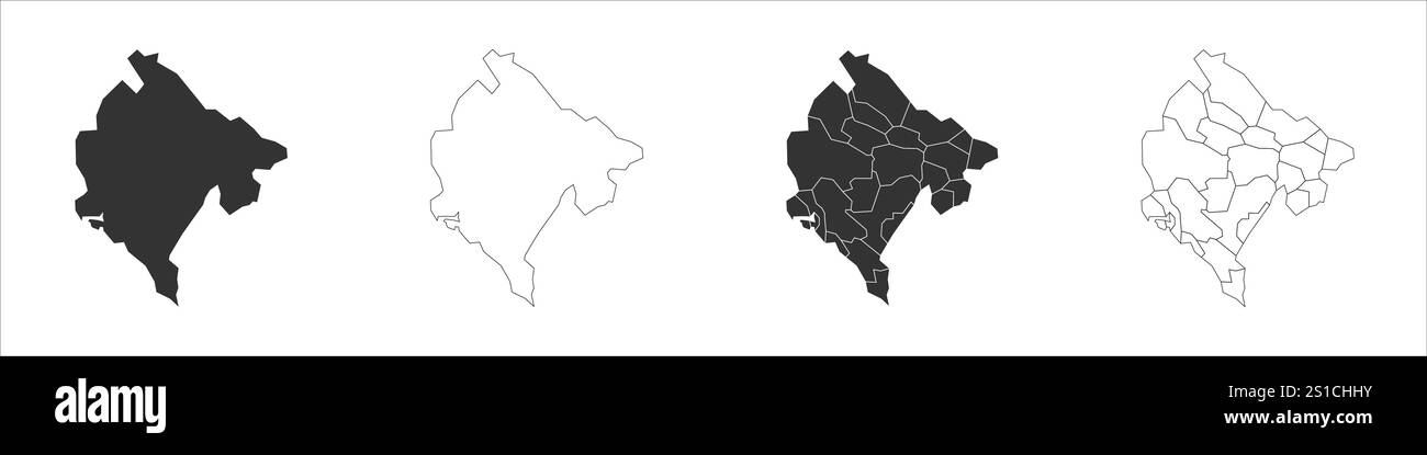 Montenegro set of three maps - solid map, outline map and map highlighting administrative ...