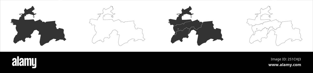 Tajikistan set of three maps - solid map, outline map and map highlighting administrative ...