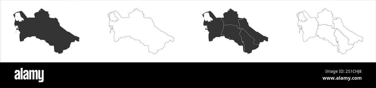 Turkmenistan set of three maps - solid map, outline map and map highlighting administrative ...
