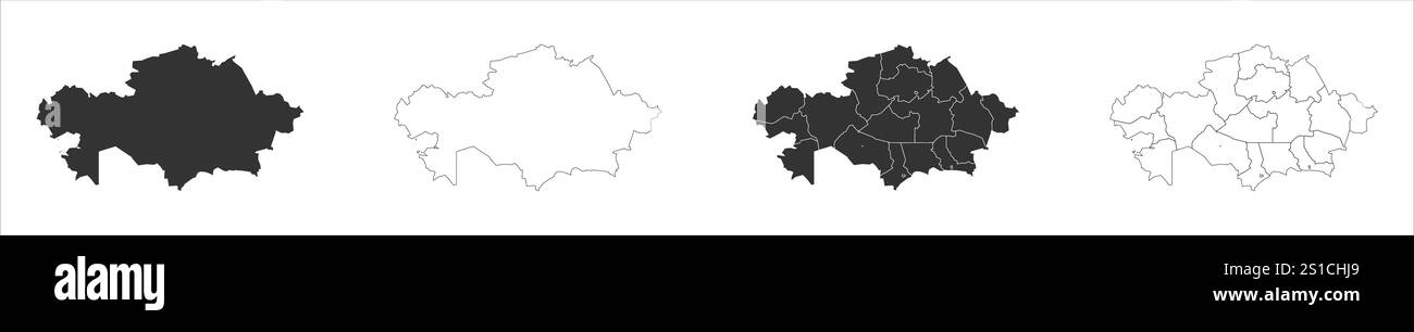 Kazakhstan set of three maps - solid map, outline map and map highlighting administrative ...