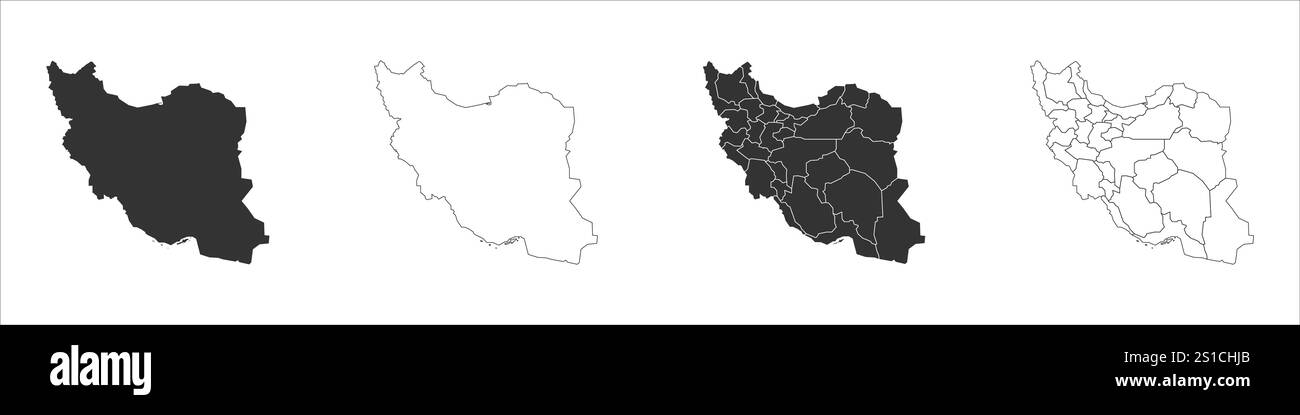 Iran set of three maps - solid map, outline map and map highlighting administrative divisions ...