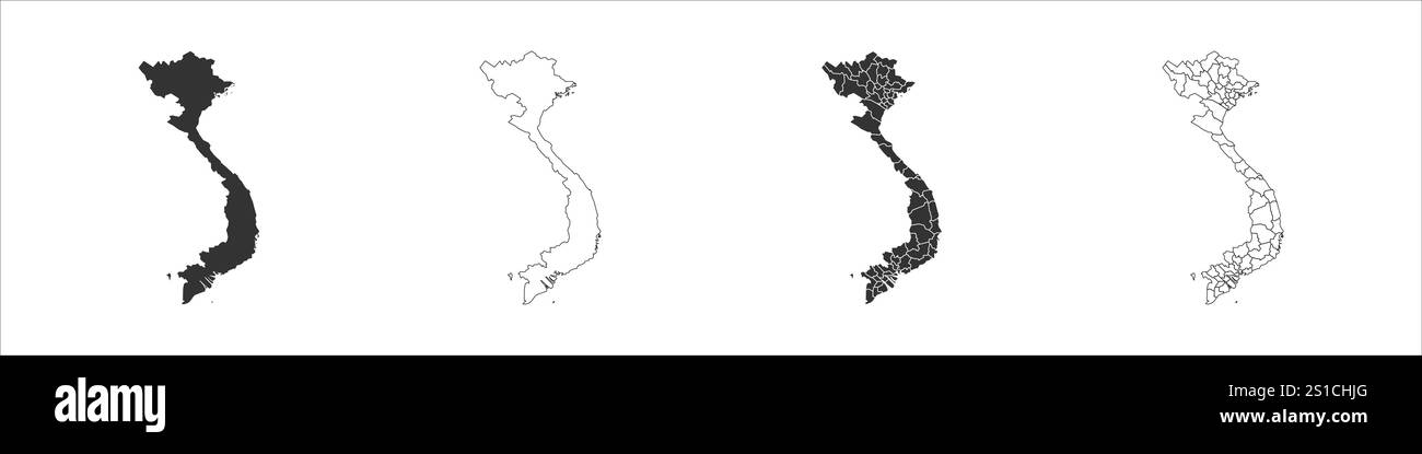 Vietnam set of three maps - solid map, outline map and map highlighting ...