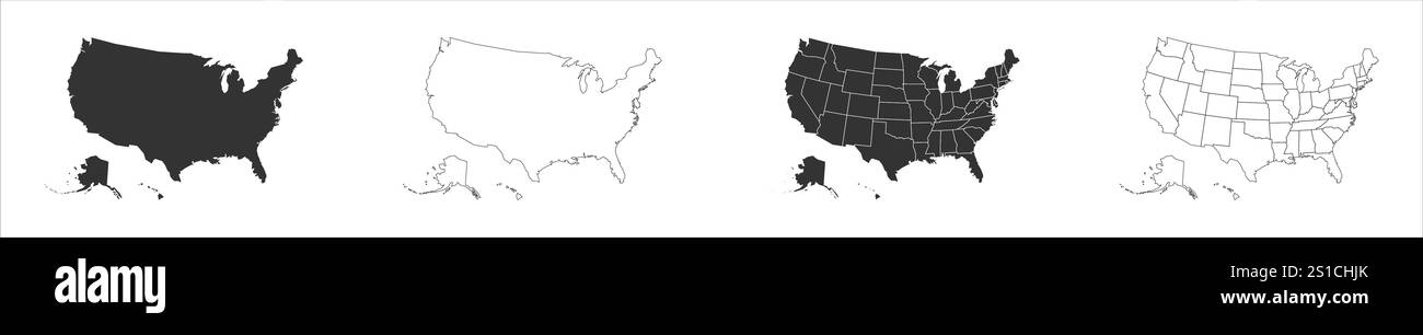 United States of America set of three maps - solid map, outline map and ...