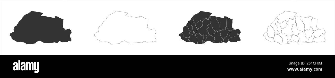Bhutan set of three maps - solid map, outline map and map highlighting administrative divisions ...