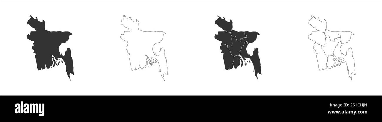 Bangladesh set of three maps - solid map, outline map and map highlighting administrative ...