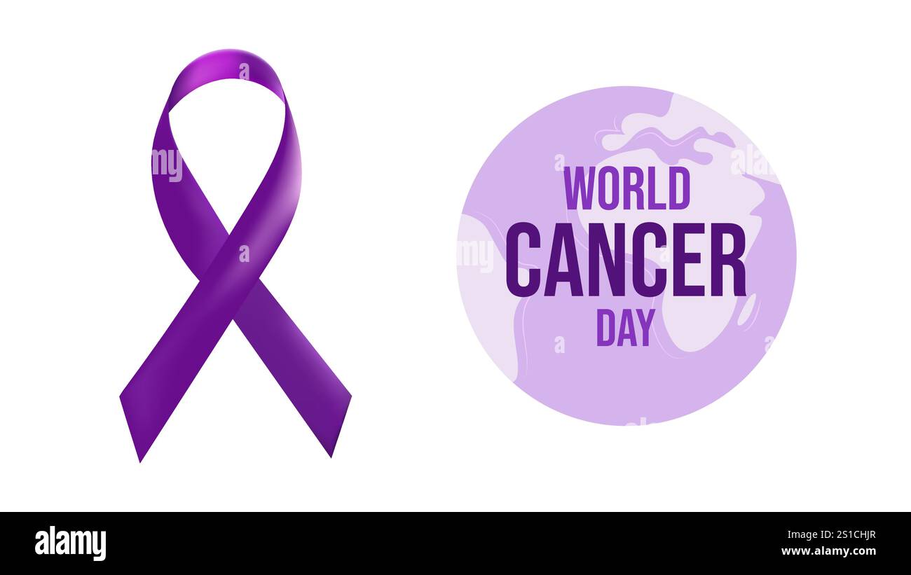 World Cancer Day. February 4th. Raising awareness. Purple ribbon symbol ...