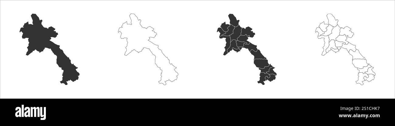 Laos set of three maps - solid map, outline map and map highlighting administrative divisions ...