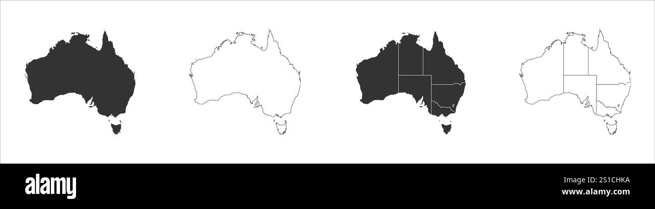 Australia set of three maps - solid map, outline map and map ...