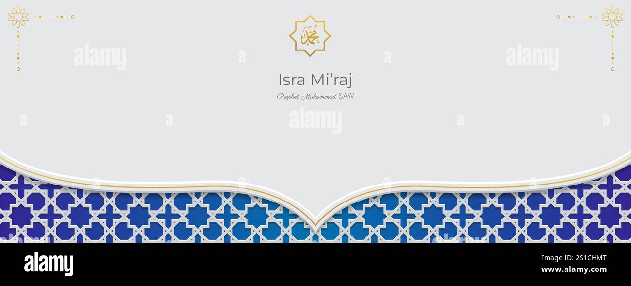 islamic background with white, gold and blue color for isra miraj ...