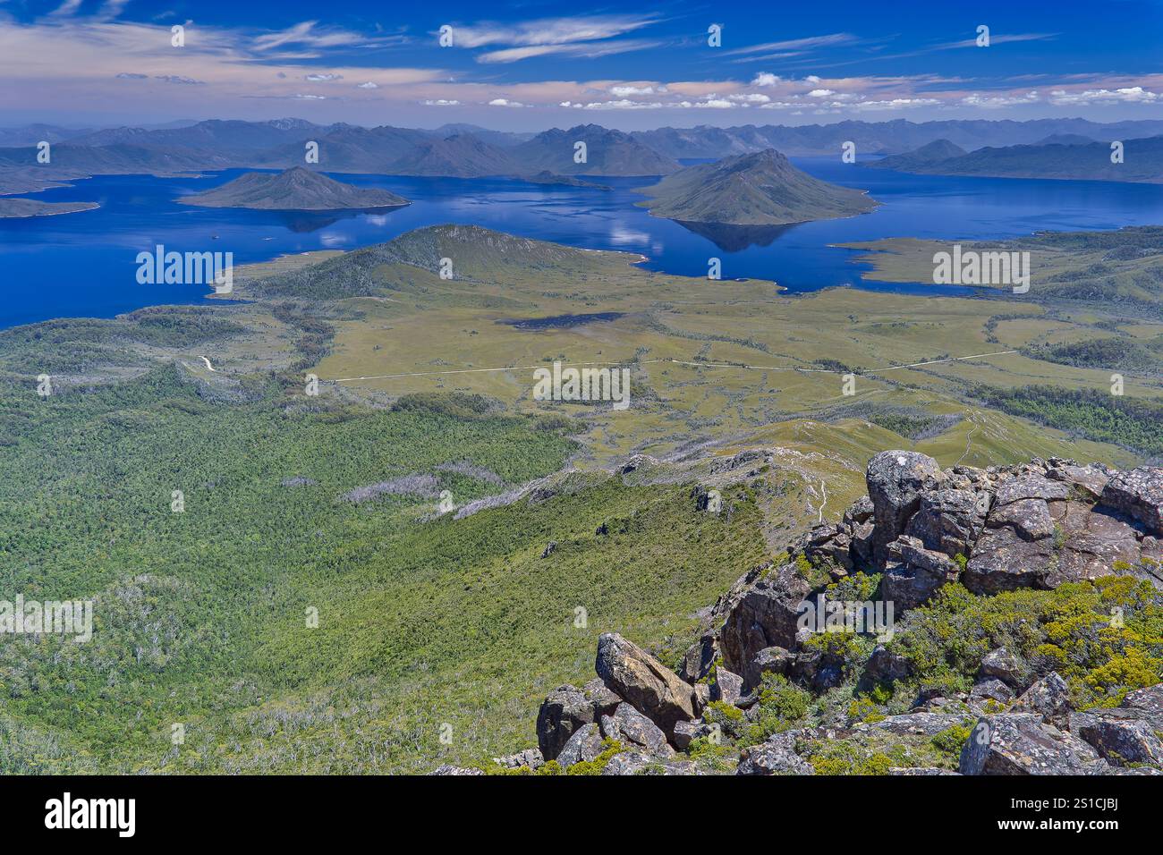 Landscape view of Lake Pedder and peaks from Mount Eliza with the Mount ...