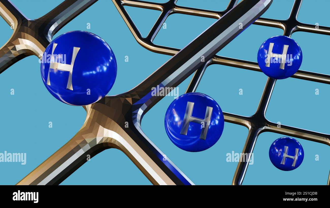 3d rendering of stainless steel structure and scattered hydrogen ...