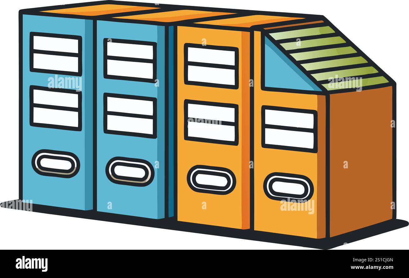 Stylized archive box with neatly organized orange and blue folders ...