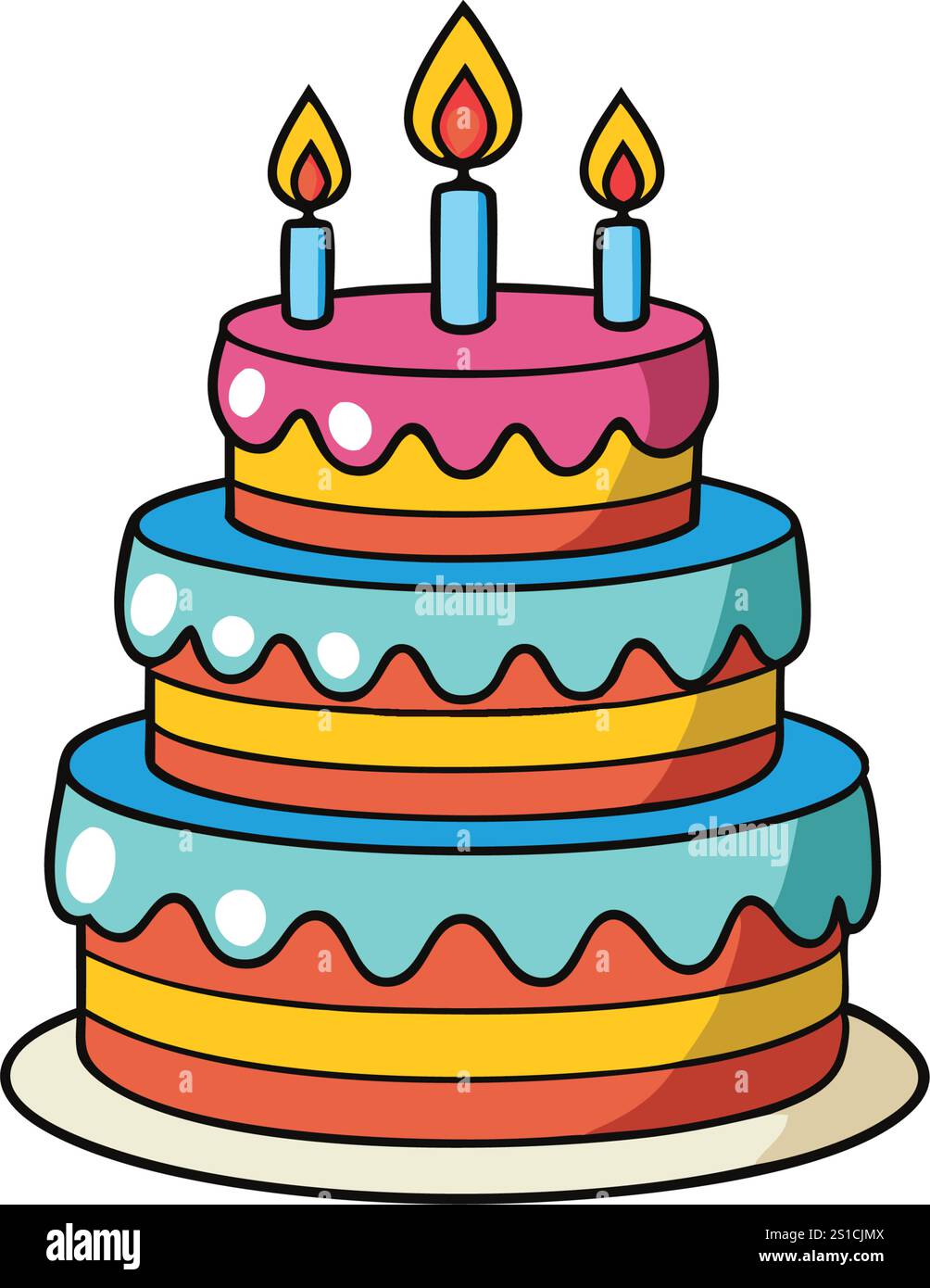 Illustrated birthday cake with bright colors, festive details, and ...