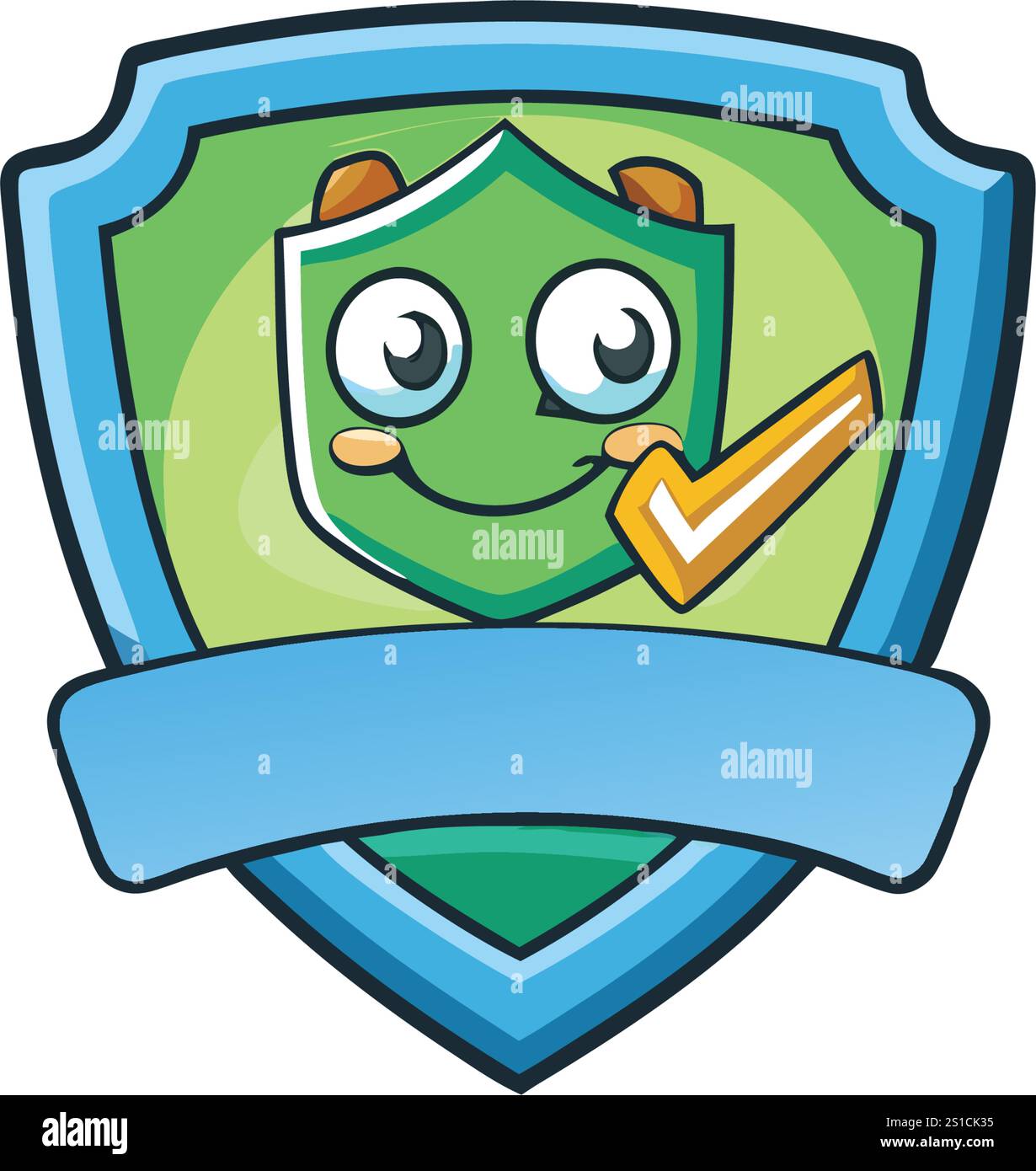 Cartoon style shield icon with smiling face and checkmark symbolizing approval, protection, and ...