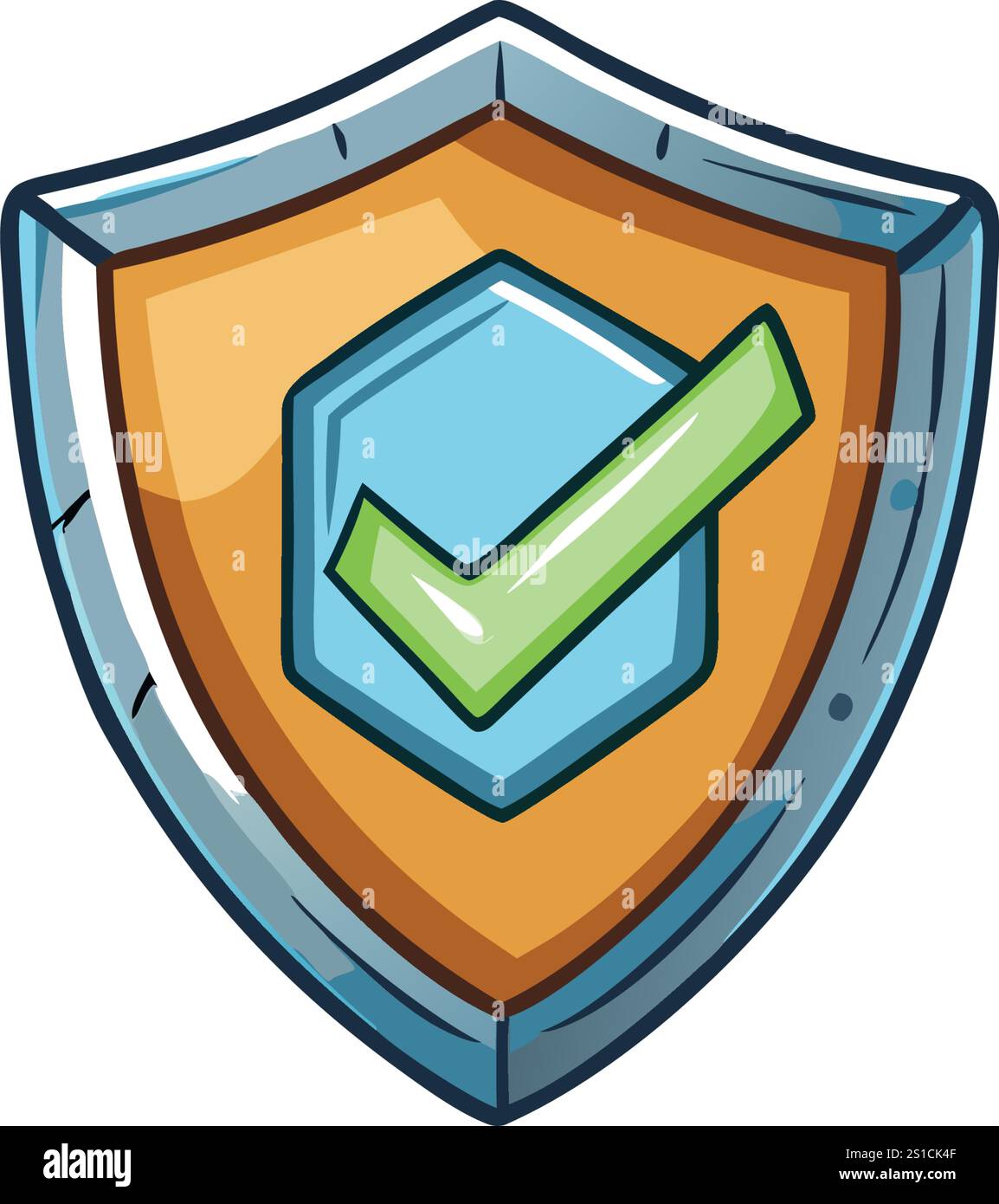Vibrant cartoon shield design with a tick mark representing approval, trust, and safety in a ...