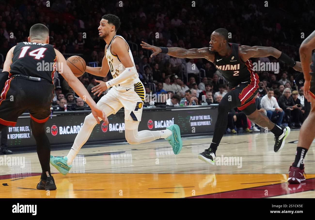 Indiana Pacers guard Tyrese Haliburton, second from left, drives to the ...
