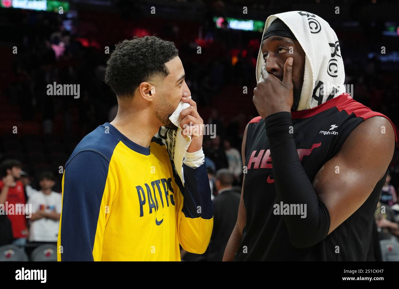 Indiana Pacers guard Tyrese Haliburton, left, talks with Miami Heat ...