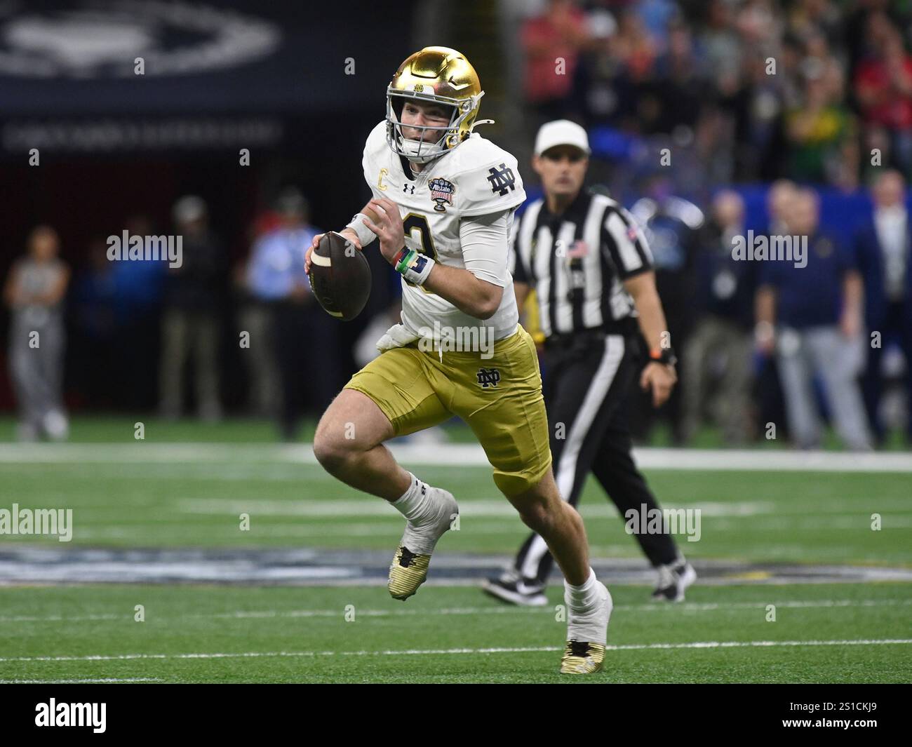 NEW ORLEANS, LA - JANUARY 02: Quarterback Riley Leonard #13 of the Notre Dame Fighting Irish ...