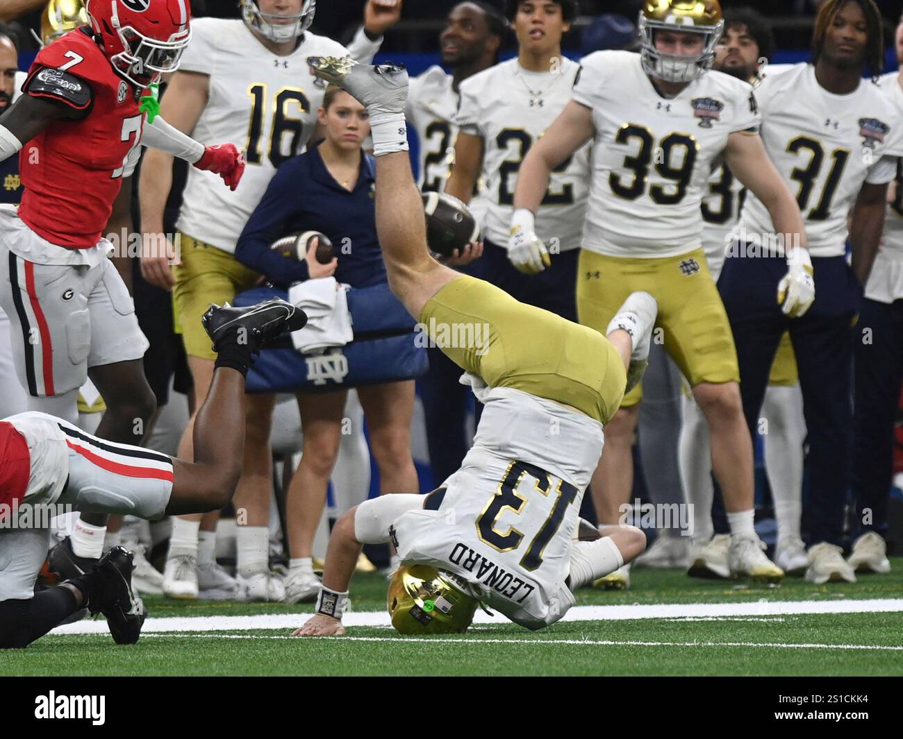 NEW ORLEANS, LA - JANUARY 02: Quarterback Riley Leonard #13 of the Notre Dame Fighting Irish ...