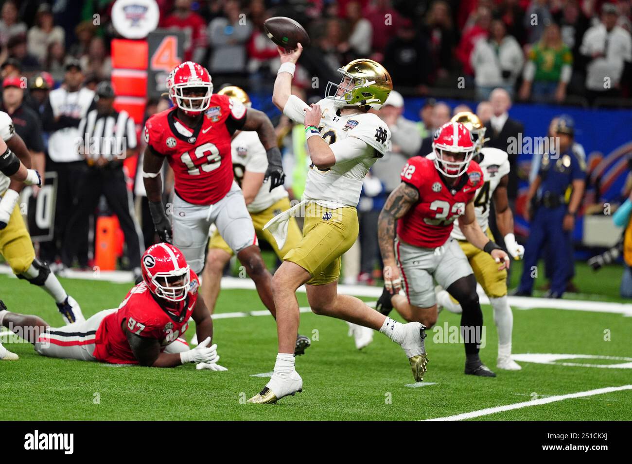 NEW ORLEANS, LA - JANUARY 02: Quarterback Riley Leonard #13 of the Notre Dame Fighting Irish ...