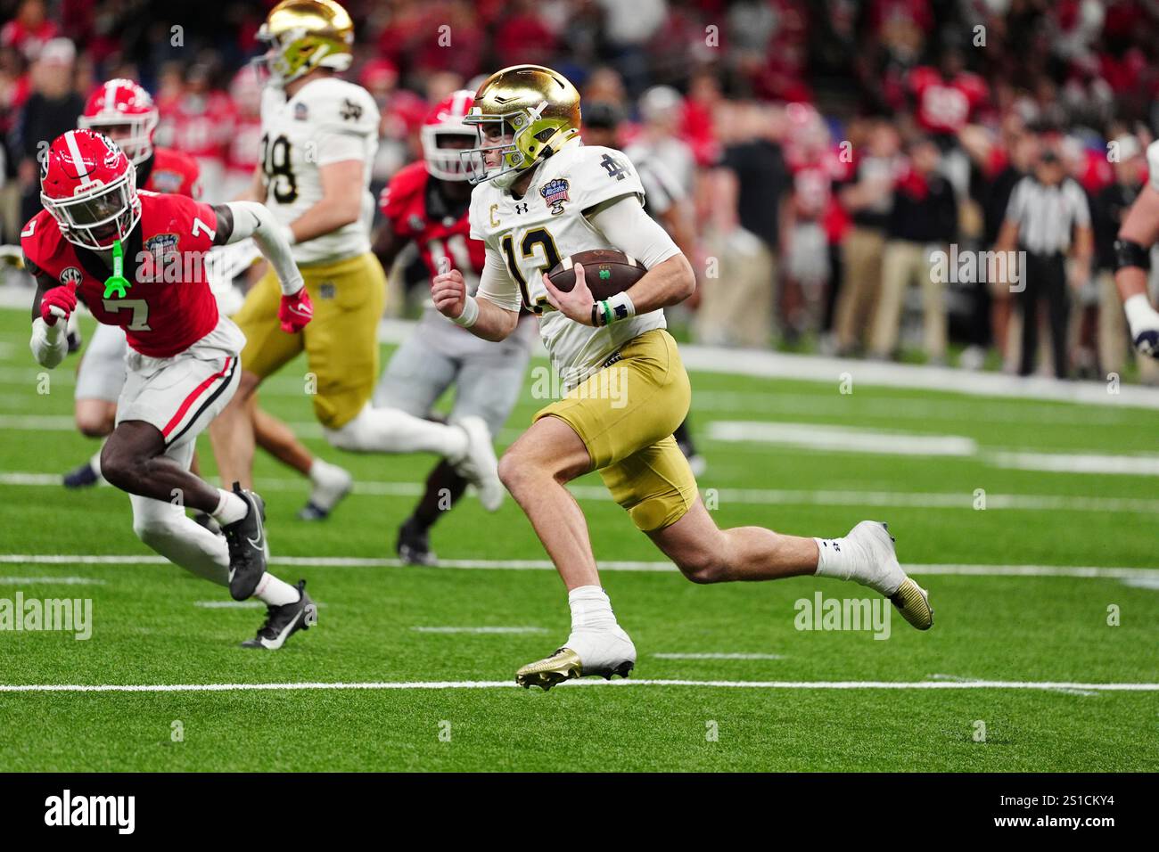 NEW ORLEANS, LA - JANUARY 02: Quarterback Riley Leonard #13 of the Notre Dame Fighting Irish ...