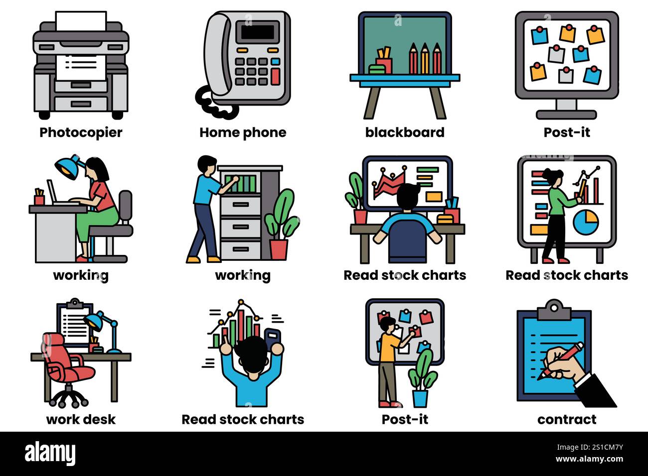 A series of images depicting various office scenes, including a printer ...