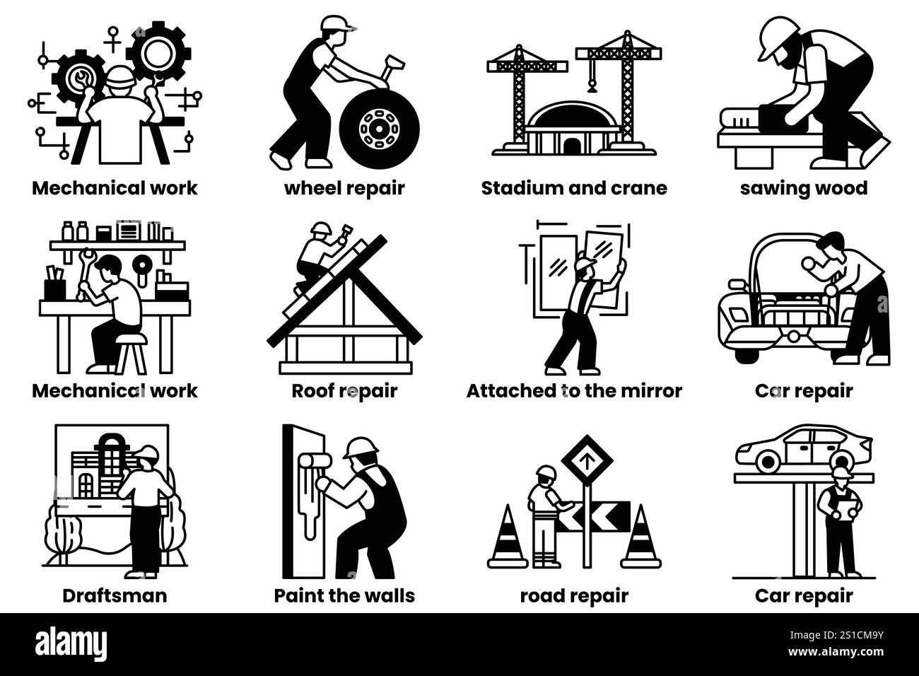 A series of images of men working on cars and other vehicles. The mood ...