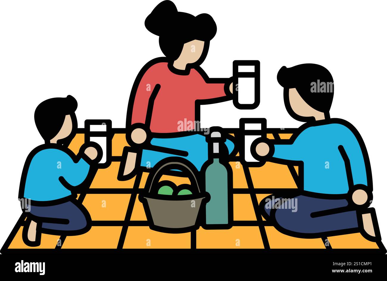 A family of three sitting on a blanket and drinking from cups. Scene is ...