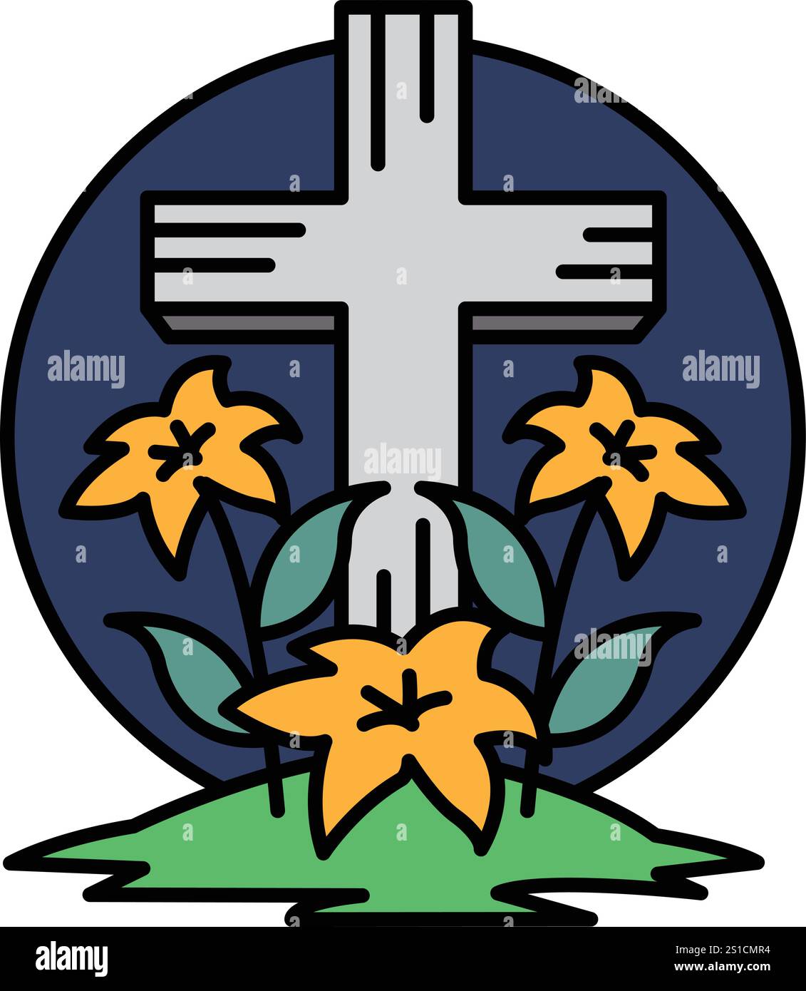 A cross with flowers surrounding it. The flowers are yellow and the ...