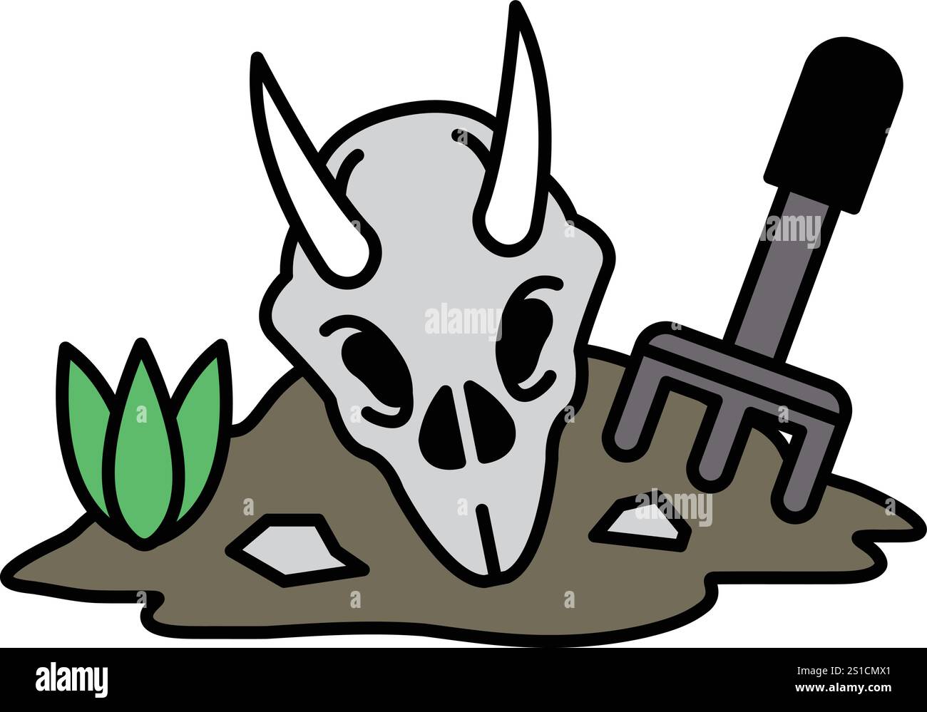 A skull is laying on the ground next to a shovel and a plant. The skull ...