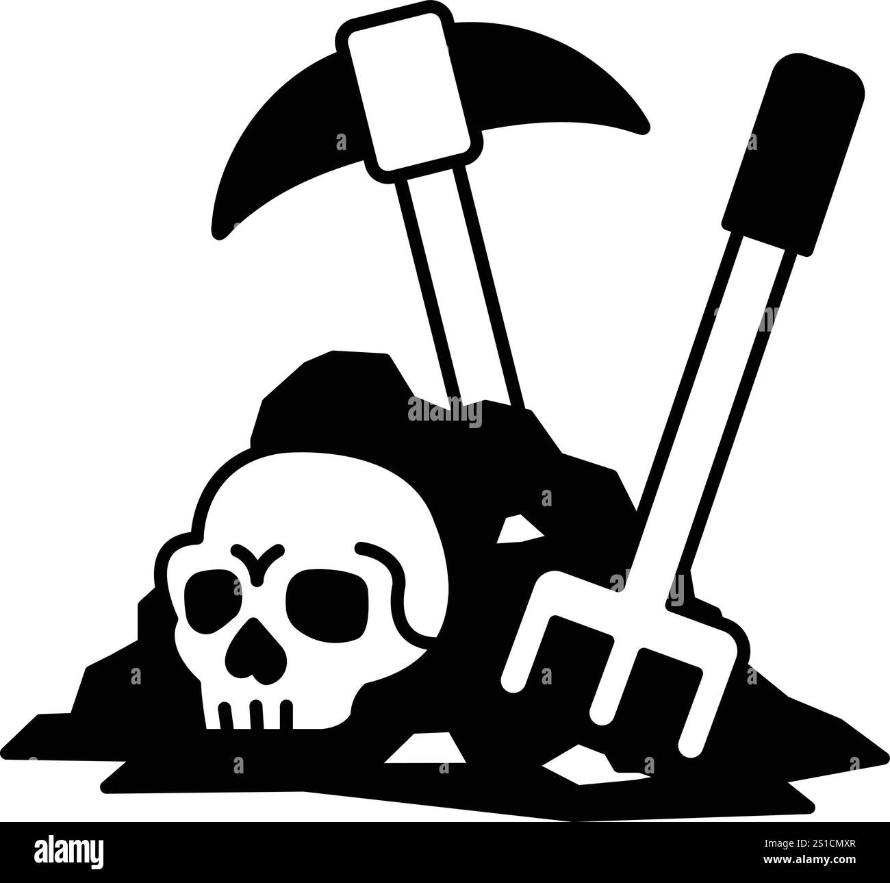 A skull and a shovel are on a pile of dirt. The skull is upside down ...