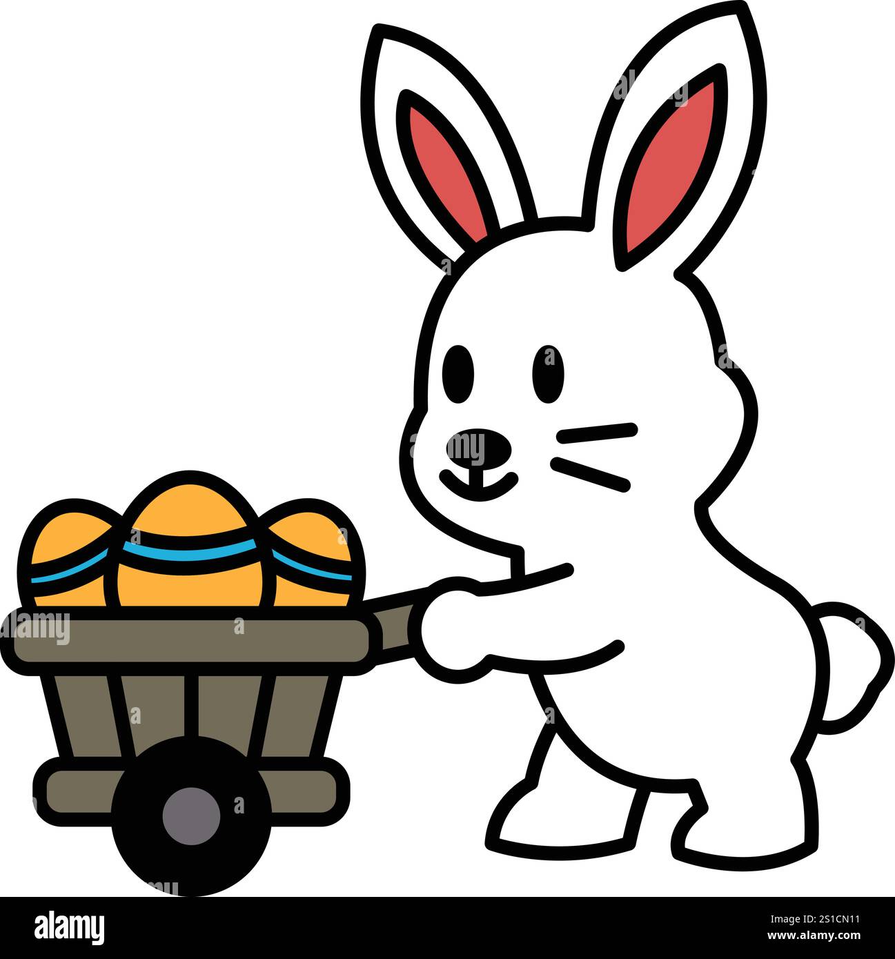 A cartoon rabbit is pulling a cart full of eggs. The rabbit is smiling ...