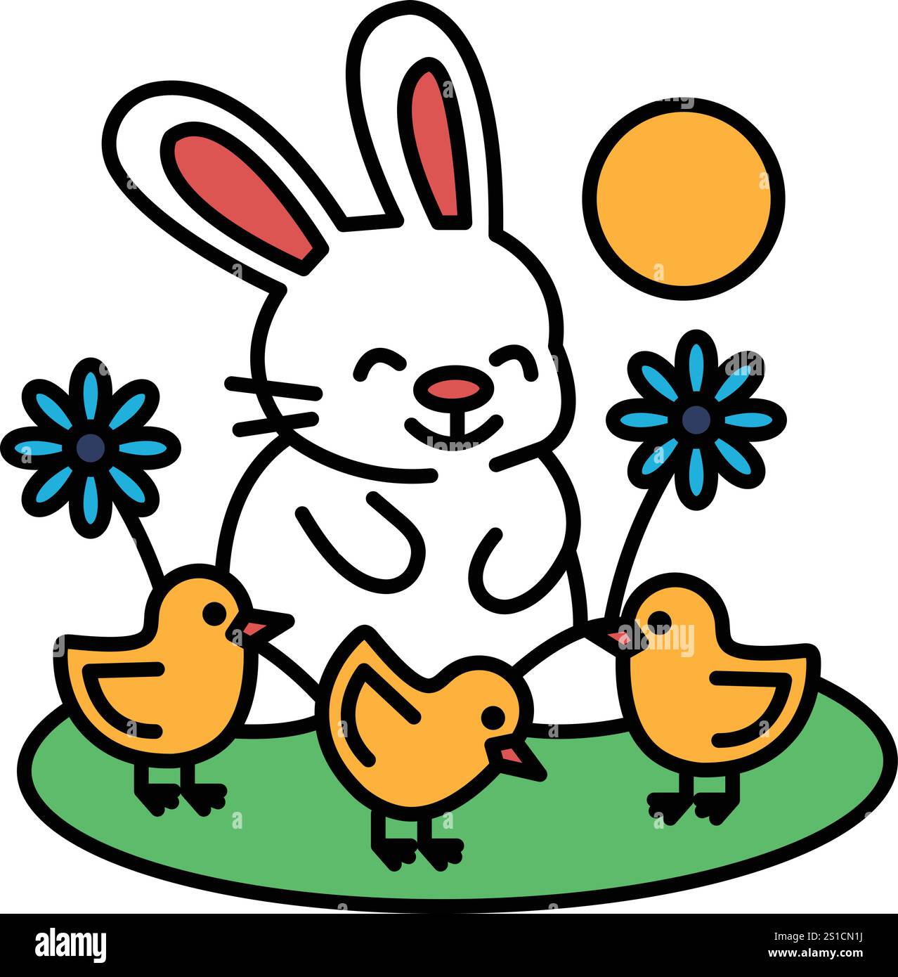A cartoon rabbit is holding two baby birds in its arms. The scene is ...