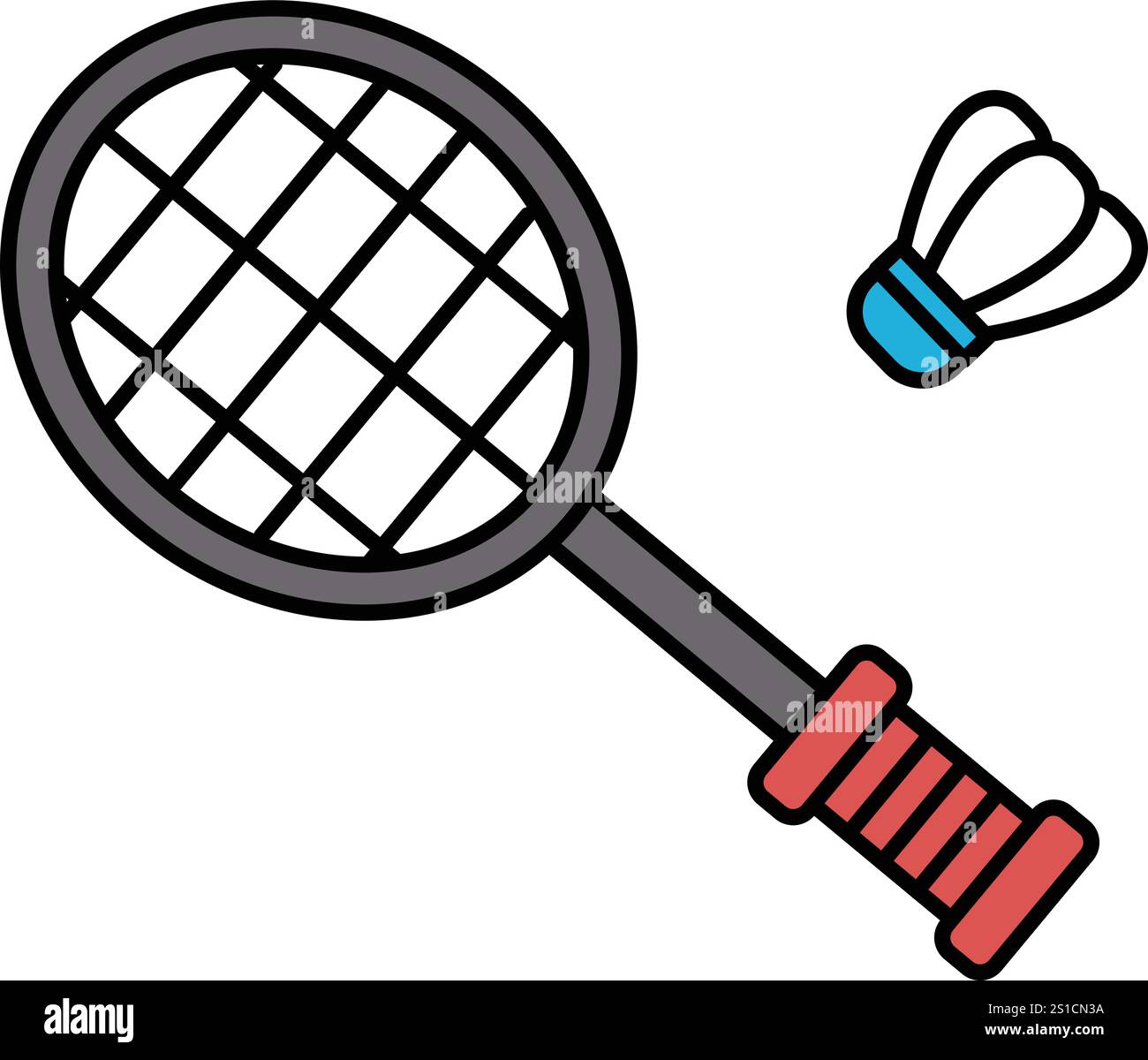 A tennis racket and a shuttlecock are shown in a cartoon style. The ...