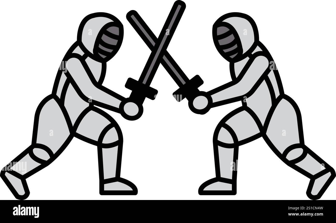 Two men are fighting with swords. Scene is intense and aggressive. The ...