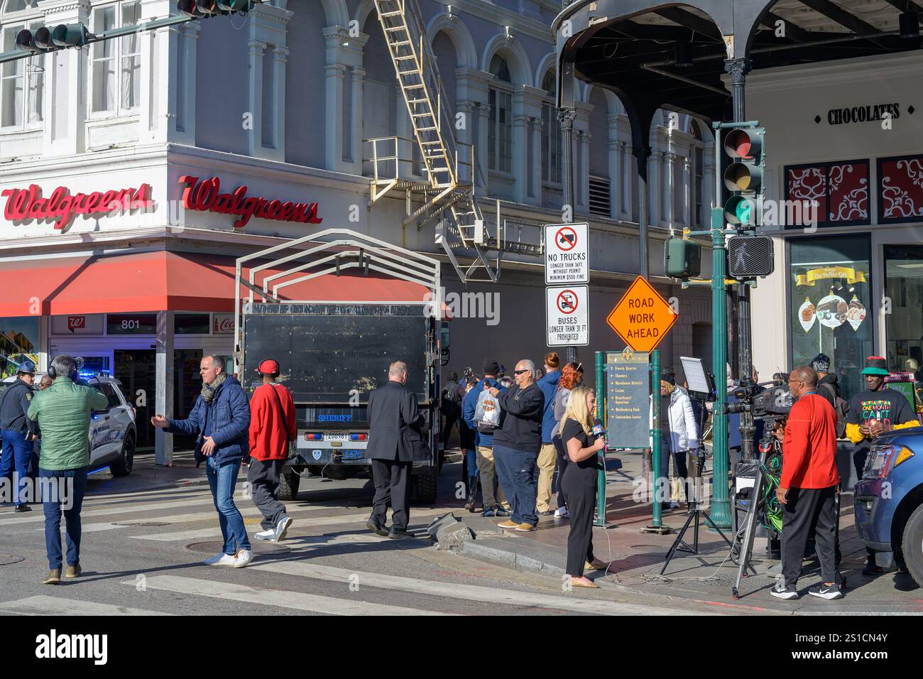 New Orleans, LA, USA - January 2, 2025: Police, reporters and tourists ...
