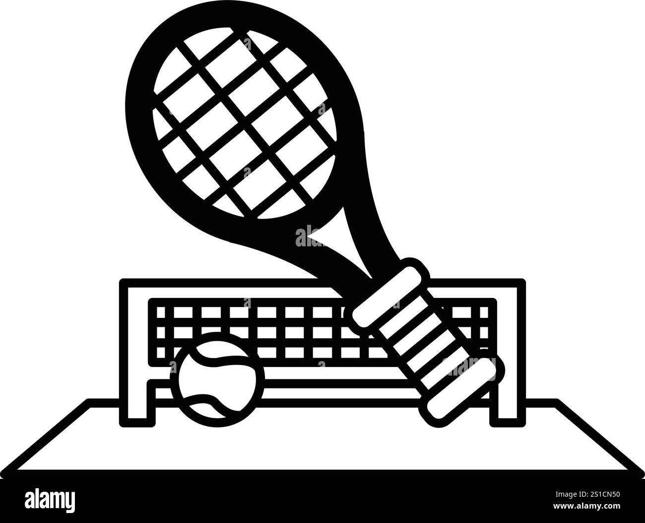 A tennis racket and ball are on a net. The racket is black and the ball ...