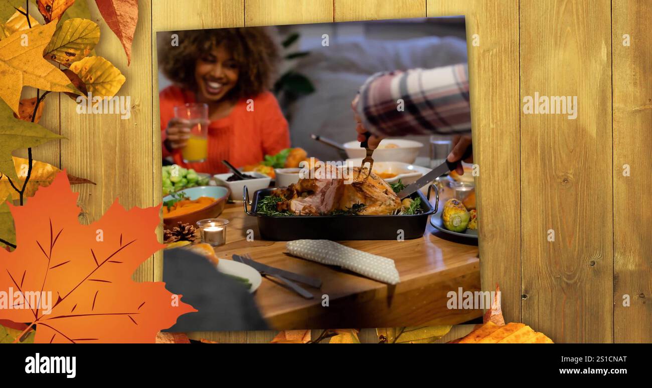 Image of autumn leaves and diverse people eating thanksgiving turkey ...